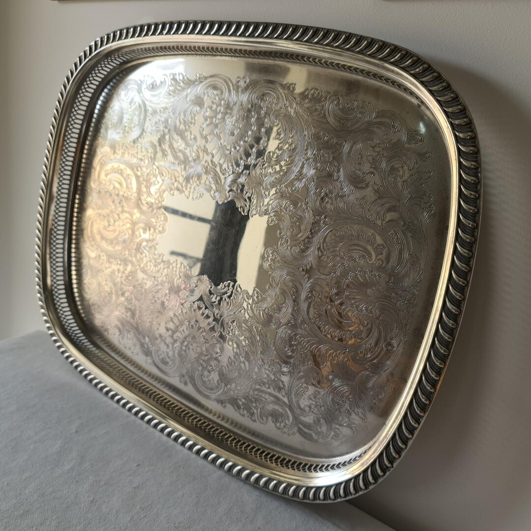 Silver Tray, Rare Ranleigh Vintage Large Silver Plated Etched Serving ...