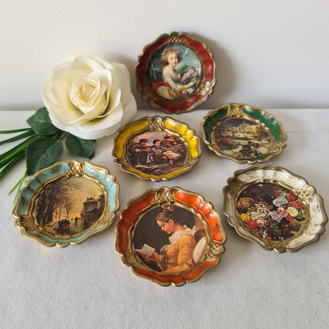 Florentine Coasters, Vintage Wood Round Handmade & Hand Painted ...