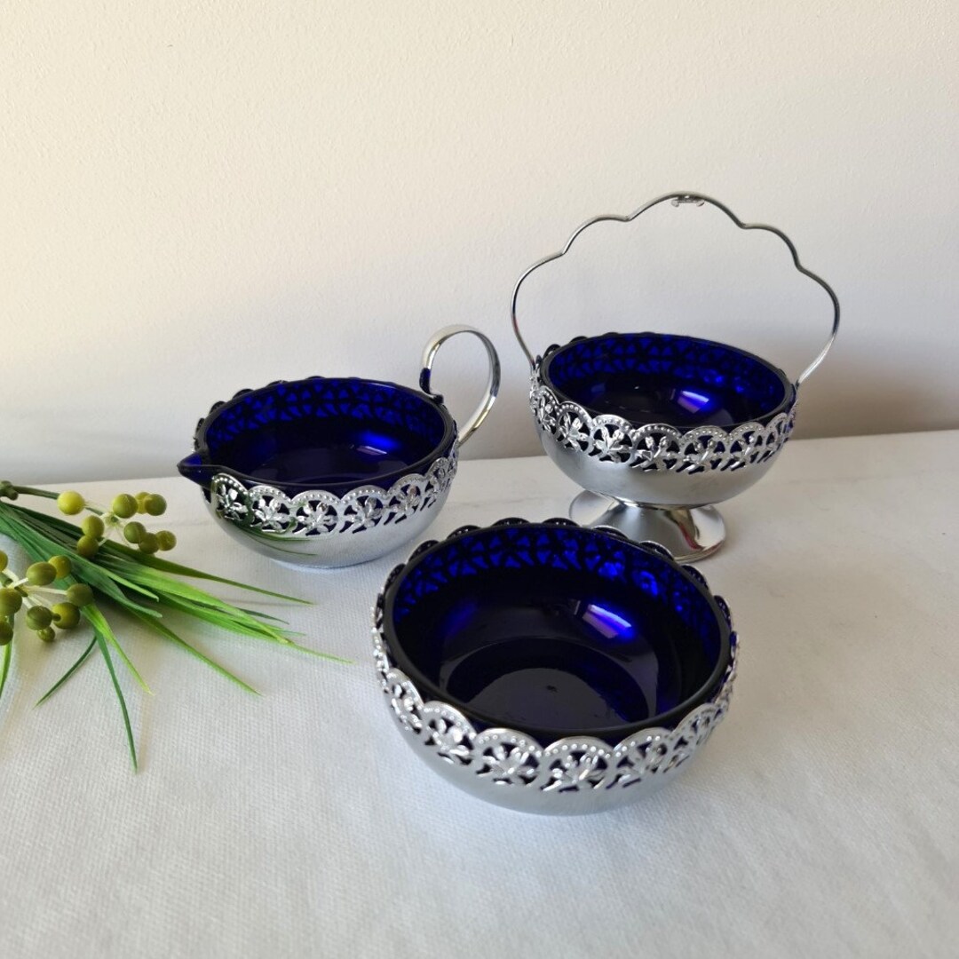 Silver Blue Serving Set, Triple Plate & Cobalt Blue Glass Dishes, Set ...