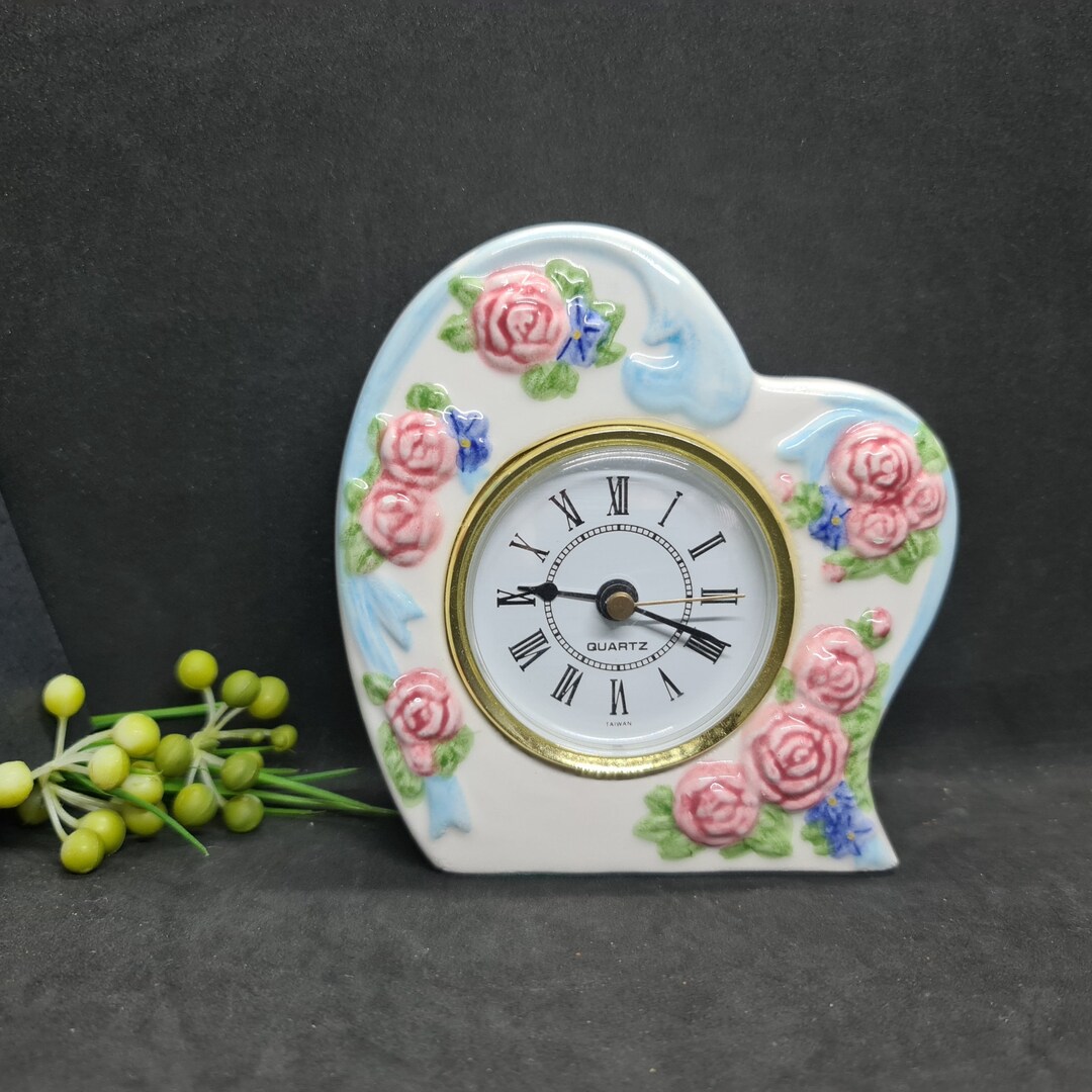 Vintage Porcelain Clock Roses Design Quartz Clock Desk - Etsy