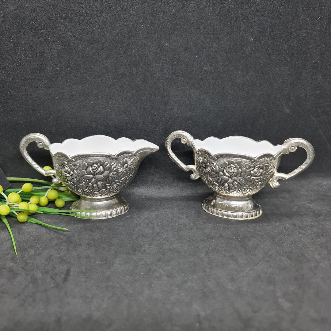 Silver Creamer & Sugar Set, Vintage Mid Century Modern Metal and White ...