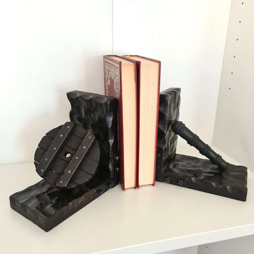 Wood Bookends, Medieval Timber Wheel & Metal Cannon Vintage Wood ...