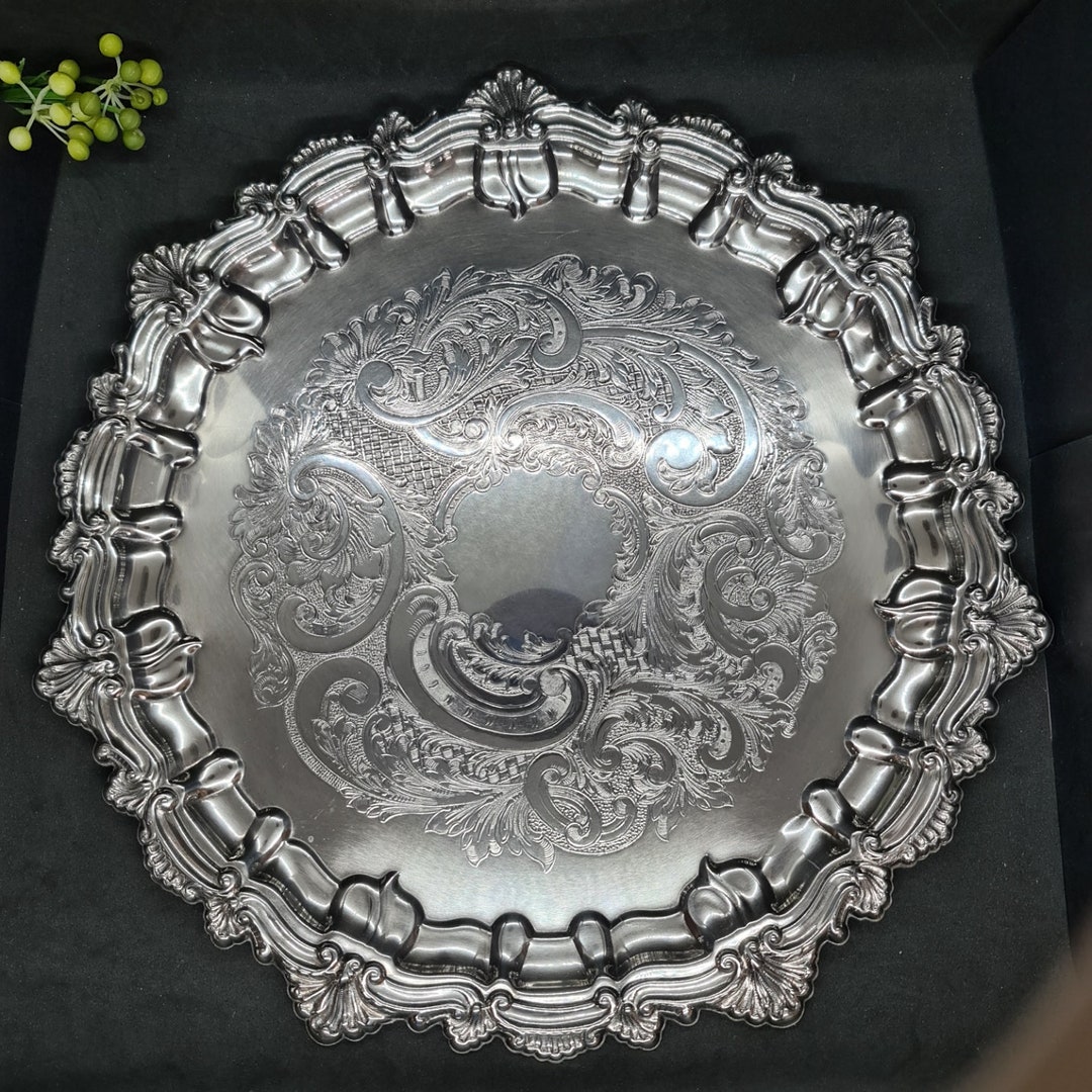 Silver Tray, Vintage Silver Plated Serving Tray, Scroll & Etched Design ...