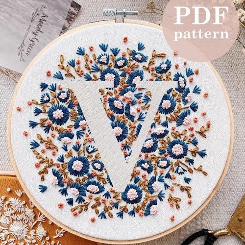 Tiny Flower Letter v Hand Embroidery Pattern / - Etsy