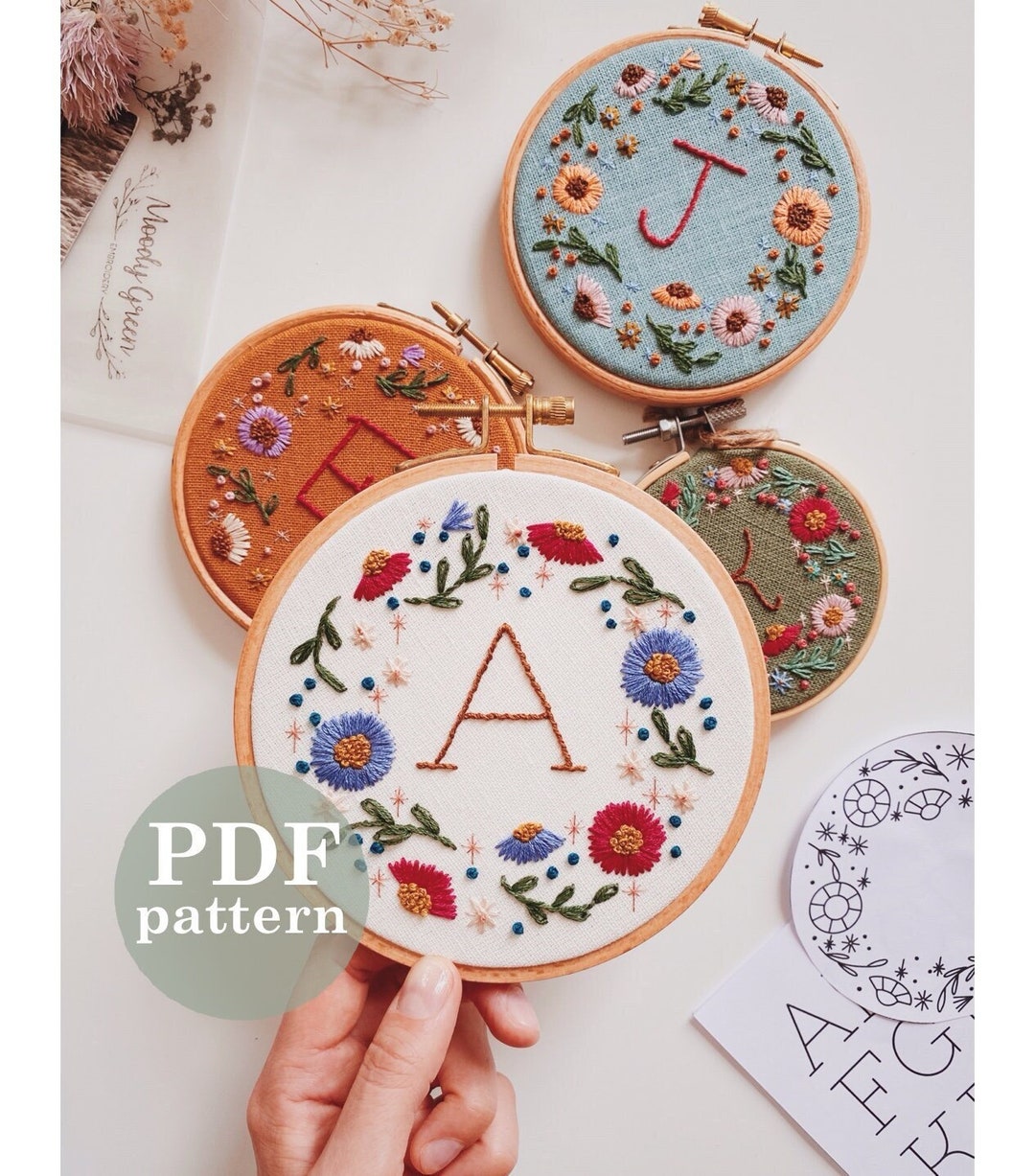 Floral Wreath Monogram Hand Embroidery Pattern / Easy Digital Download ...