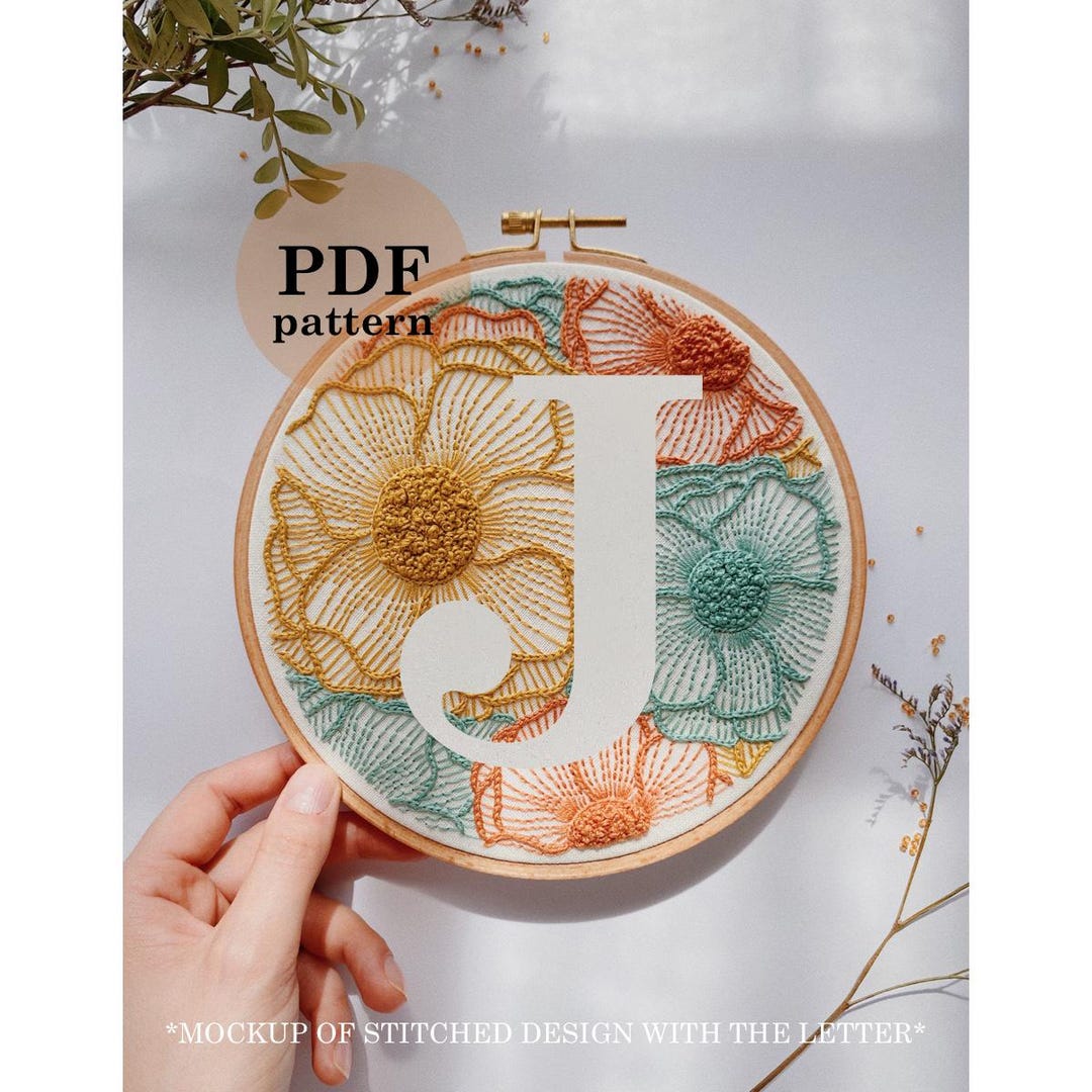 Floral Letter J Hand Embroidery Pattern: DIY Monogram Hoop Art With ...