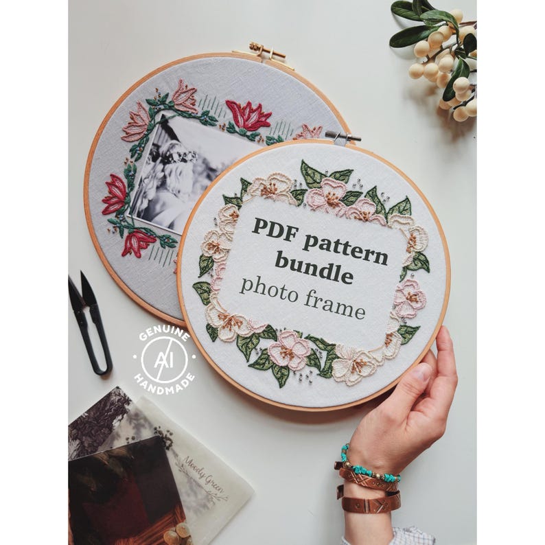 Photo Frame Hand Embroidery Pattern Bundle: Floral Hoop Art DIY Gift ...