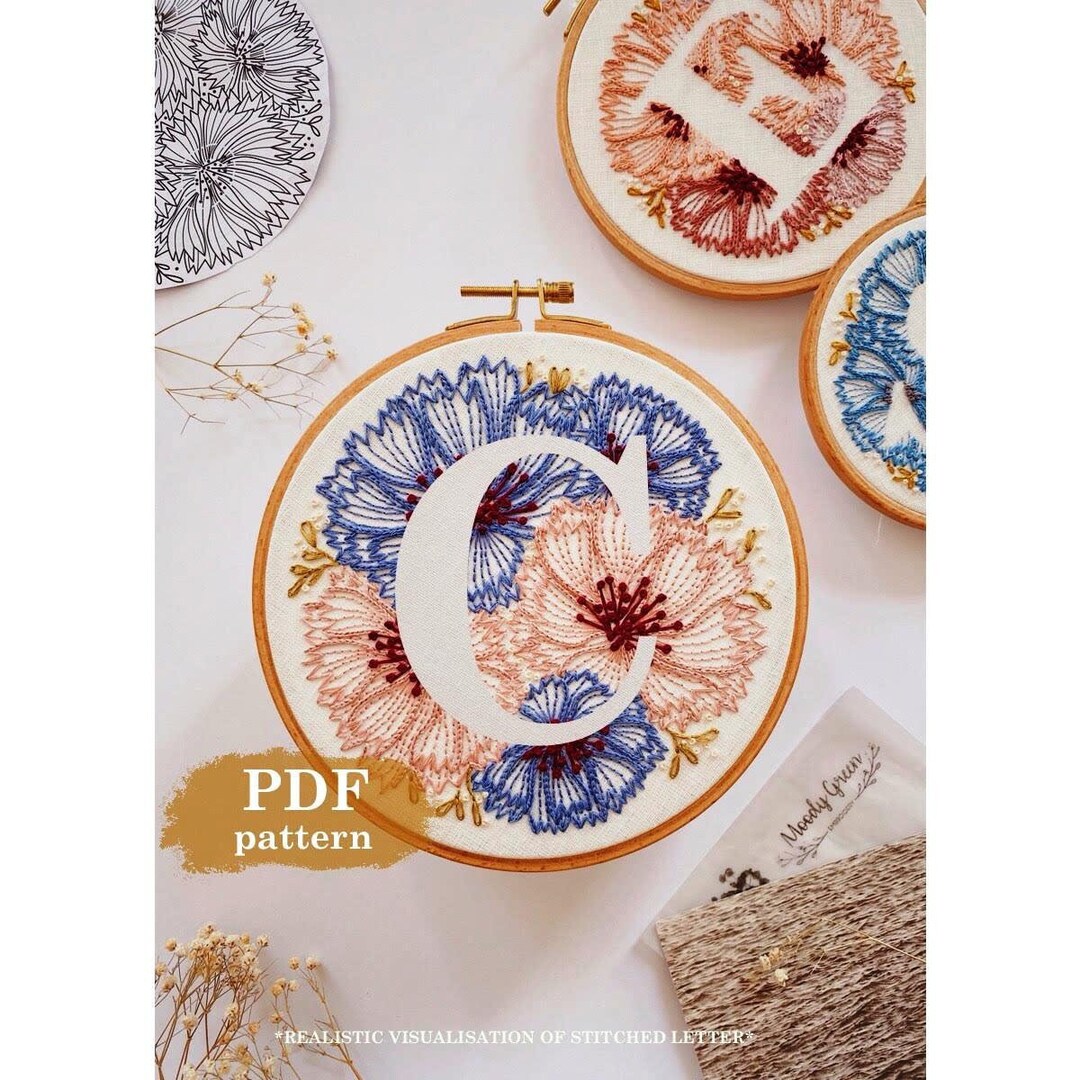 Cornflower Letter C Hand Embroidery Pattern: Floral Initial (digital ...