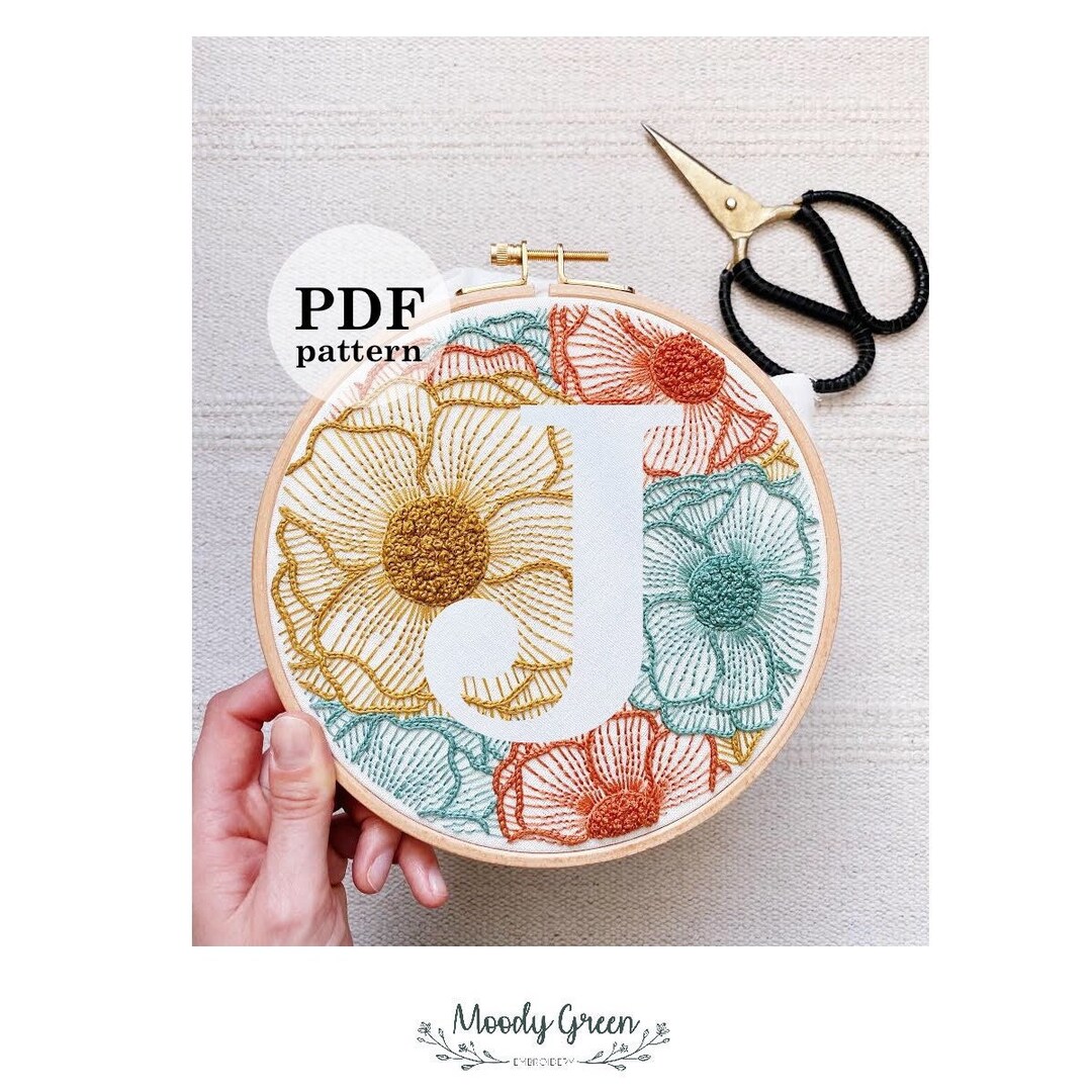 Floral Letter "j" Hand Embroidery Pattern: DIY Monogram (digital PDF ...