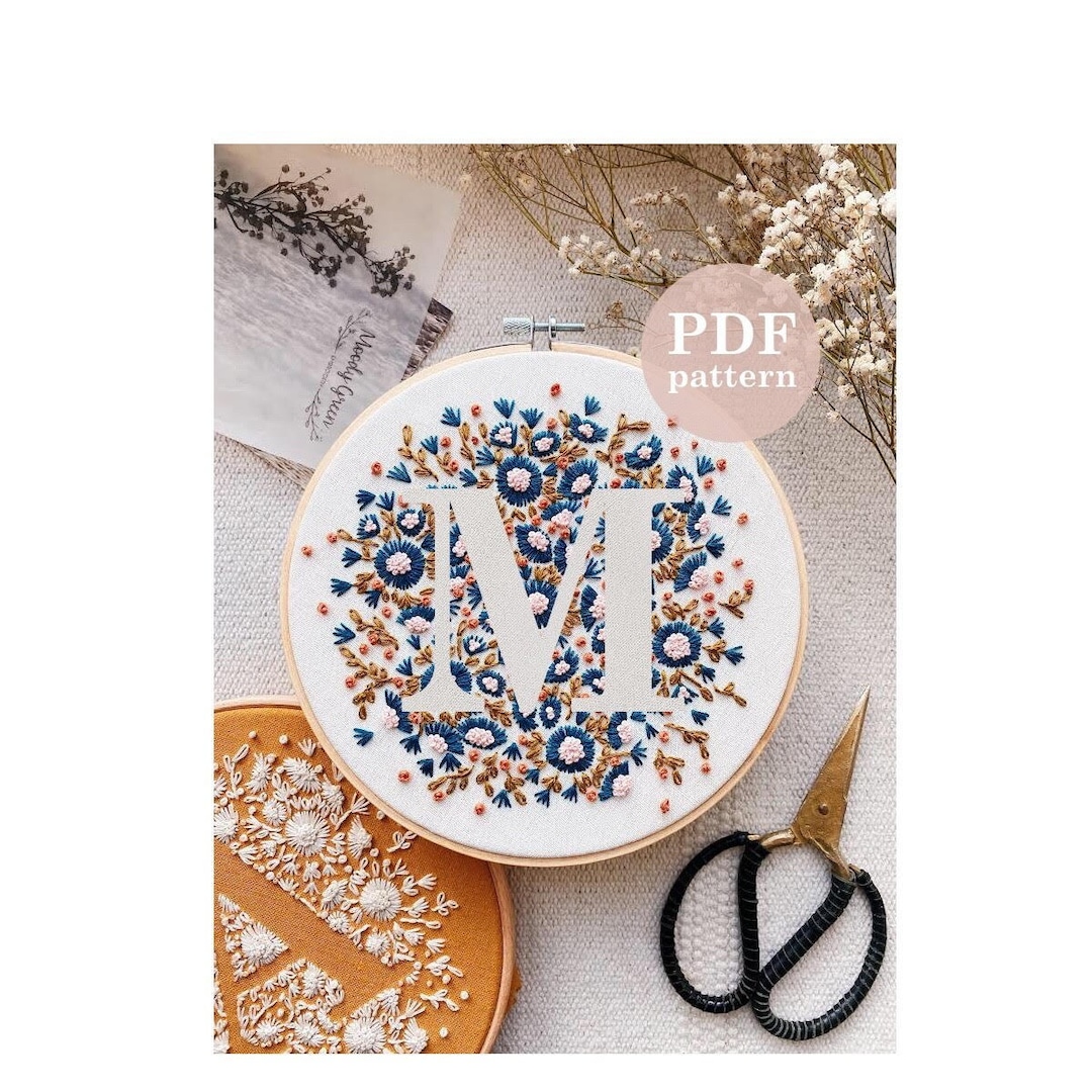 Floral Letter M Hand Embroidery Pattern: DIY Hoop Art (digital PDF ...