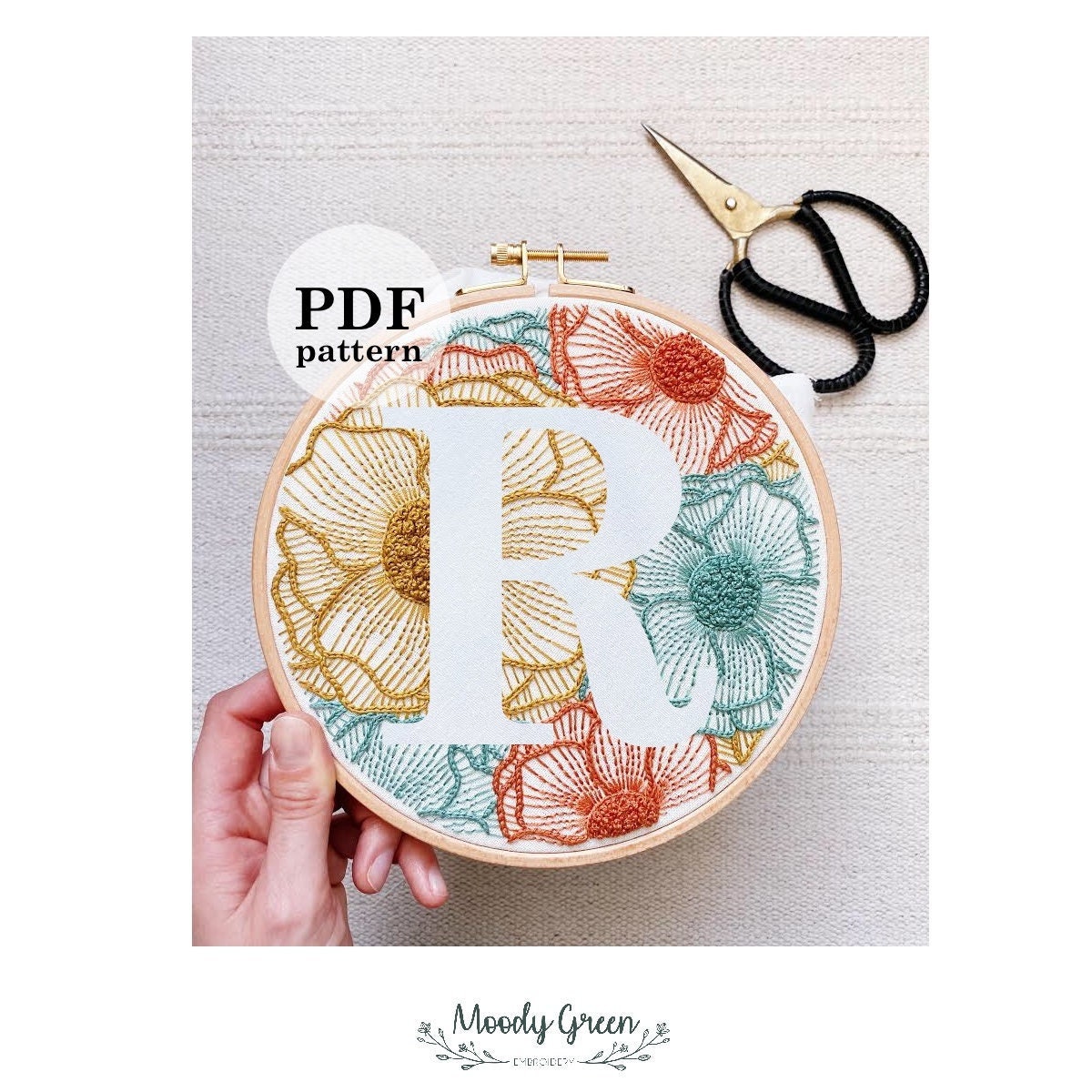 Floral Letter R Hand Embroidery Pattern: DIY Monogram (PDF Download ...