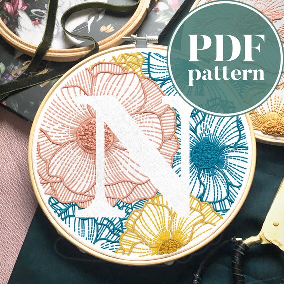 Floral Letter N Hand Embroidery Pattern / Digital | Etsy