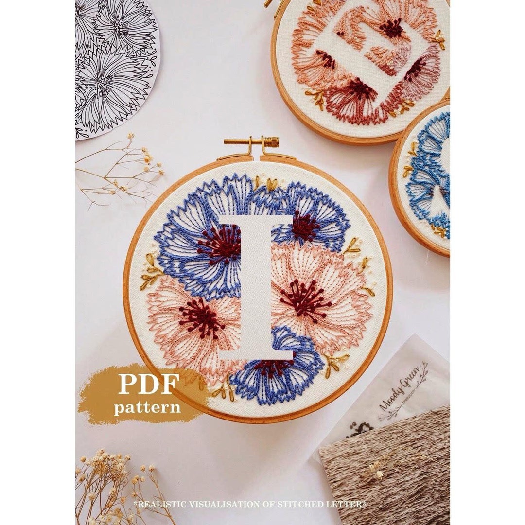 Cornflower Letter "i" Hand Embroidery Pattern: Floral Initial (digital ...
