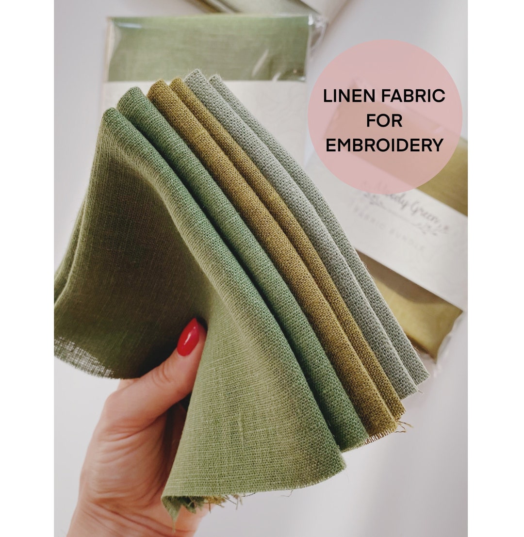 Green Linen Fabric Bundle for Embroidery / 25x25 Cm 9.8x9.8 Fabric ...