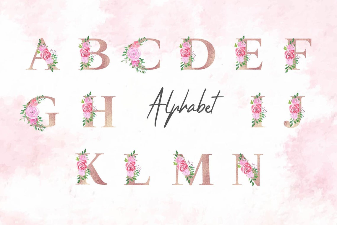 Gorgeous Pink Flowers & Alphabet Watercolor and Gold Monogram | Etsy