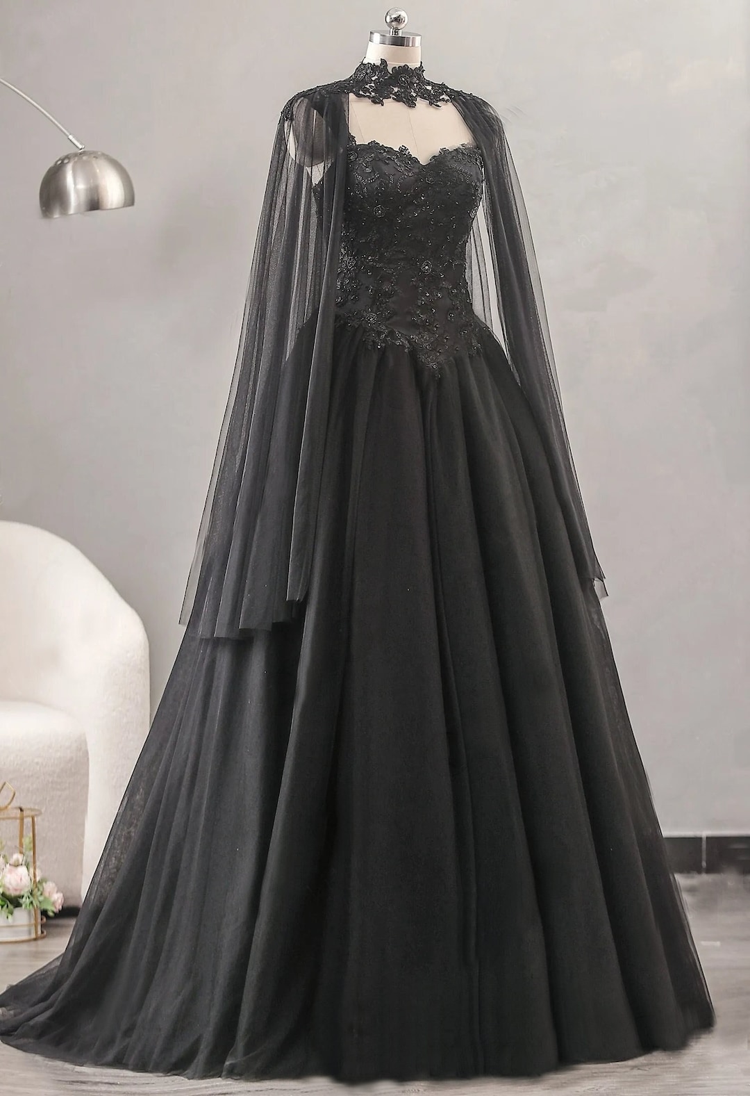 Stunning Gothic Alternative Black Lace Wedding Dress With Matching Cape ...