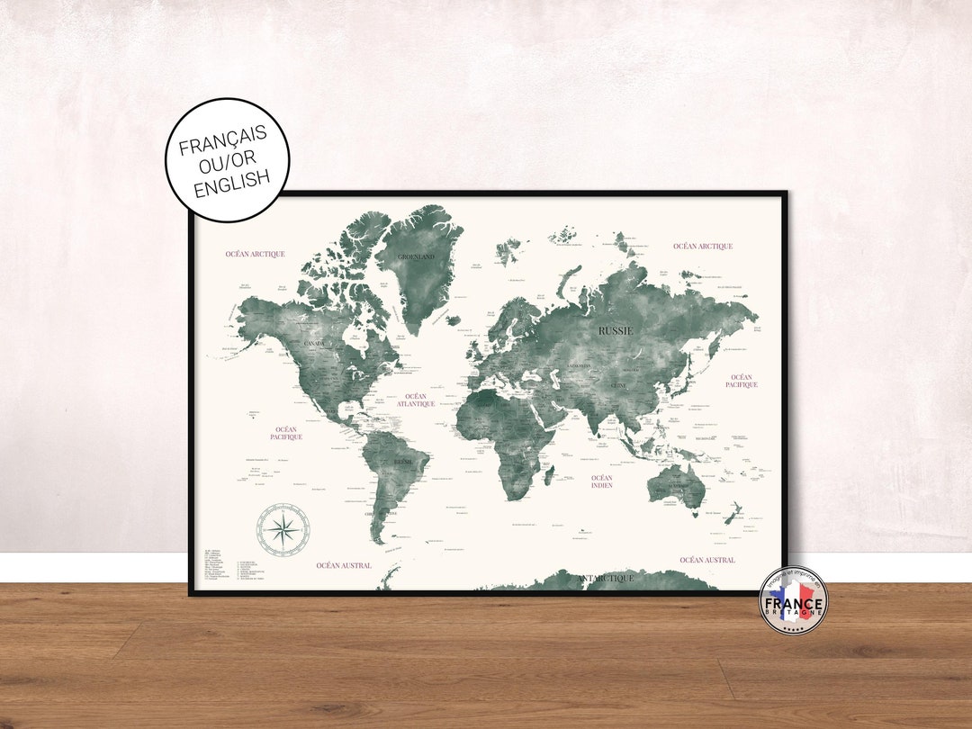 Sage Green World Map – Watercolor Wall Art Poster – Modern Travel Gift ...