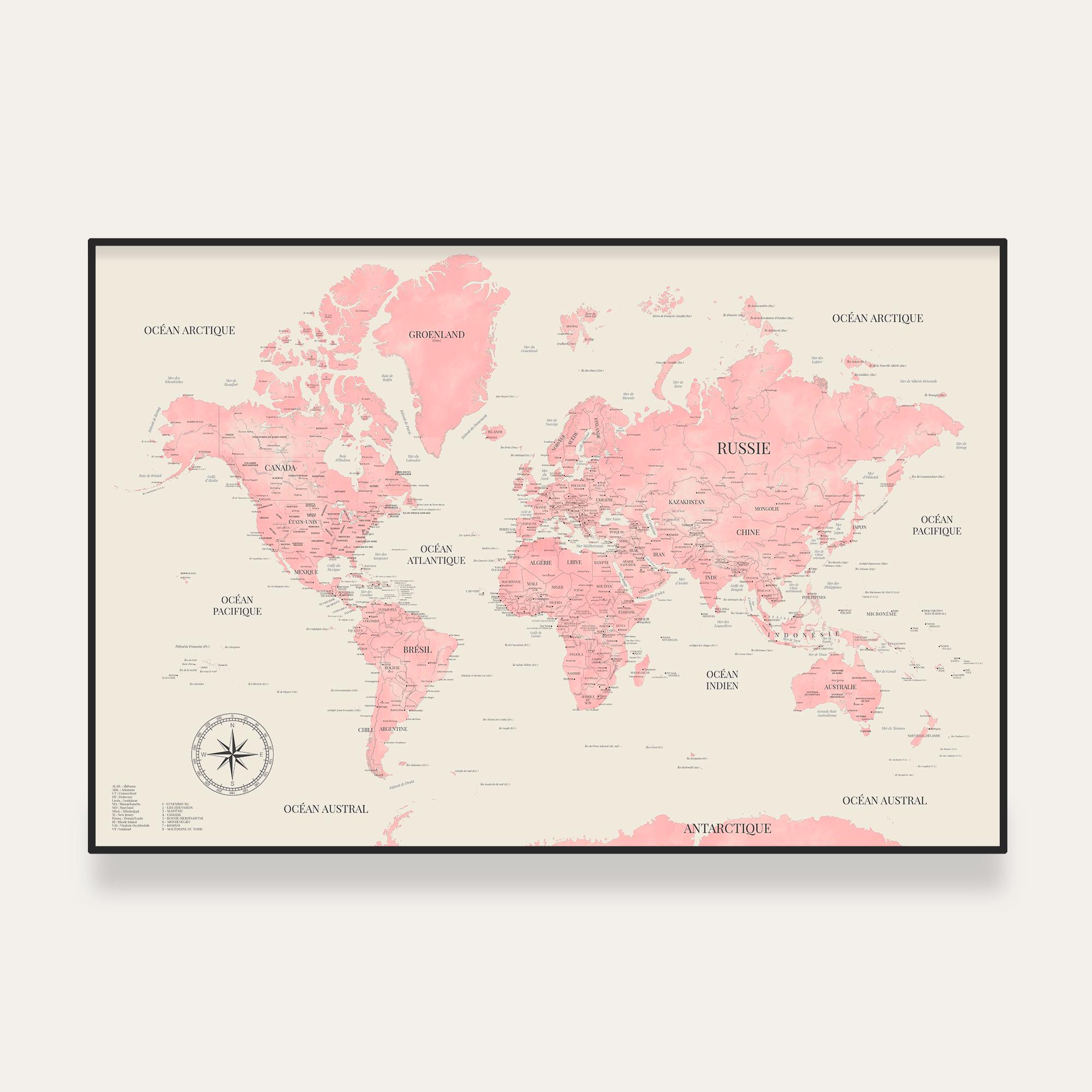 Pink World Map for Girls’ Room – Detailed Pink-toned Wall Art With ...
