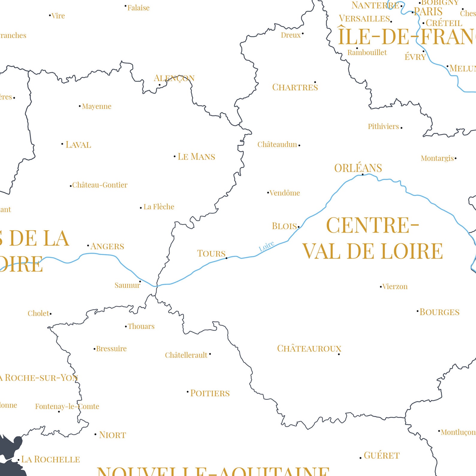 France Map, French Regions Map, Detailed Decorative Poster, Blue and ...