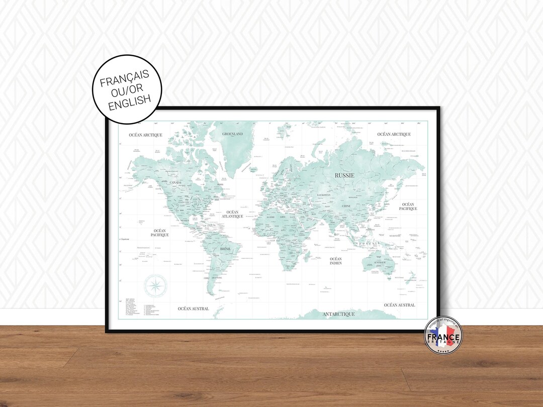 Large World Map, Light Blue Watercolor Textured Color, Detailed World ...