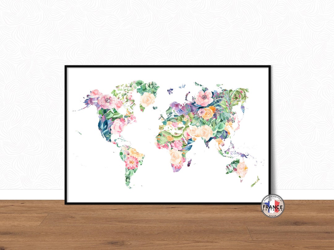 Floral World Map, Tropical Wall Art With Watercolor Flowers, World Map ...