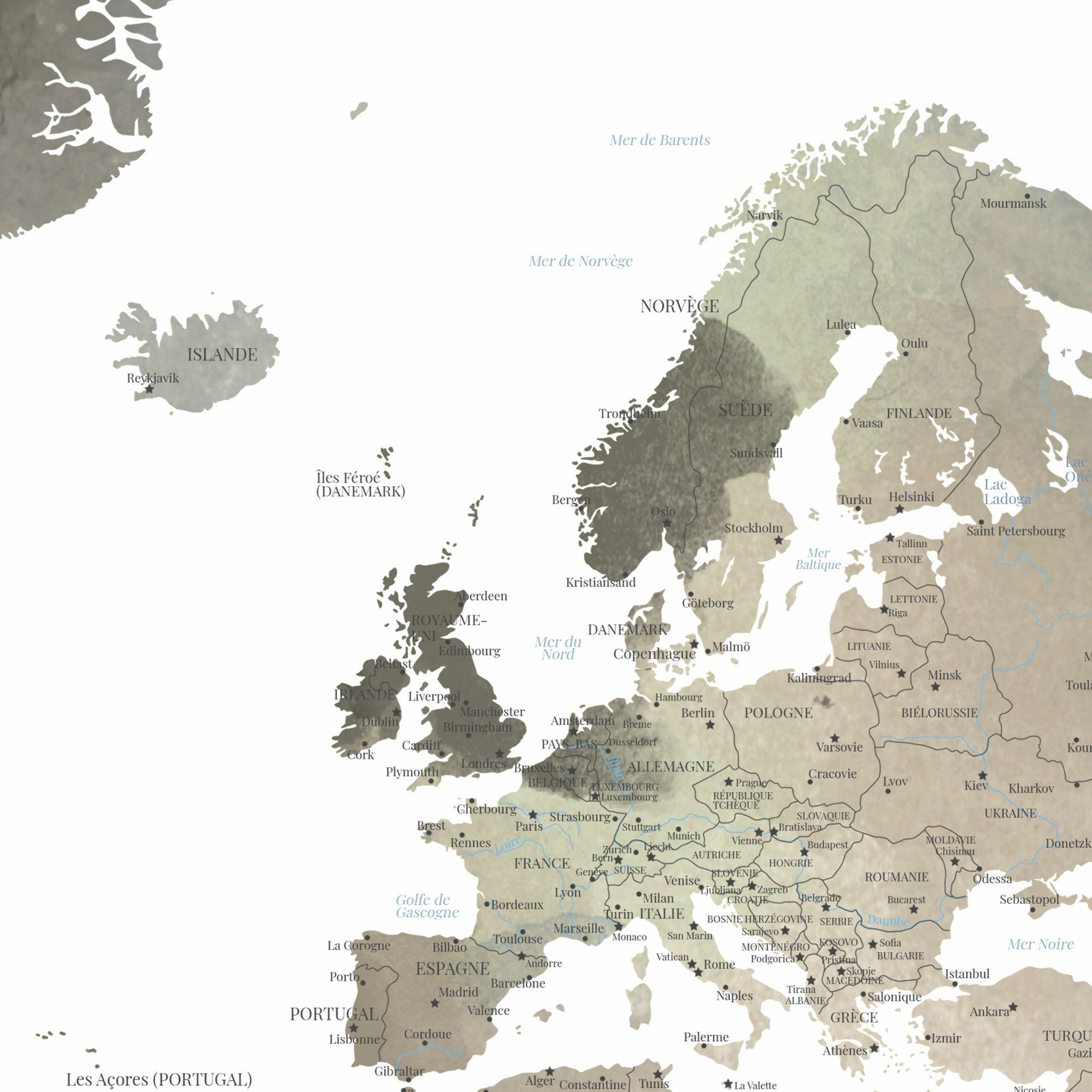 World Map With Mineral Tones in Watercolor Style Detailed | Etsy