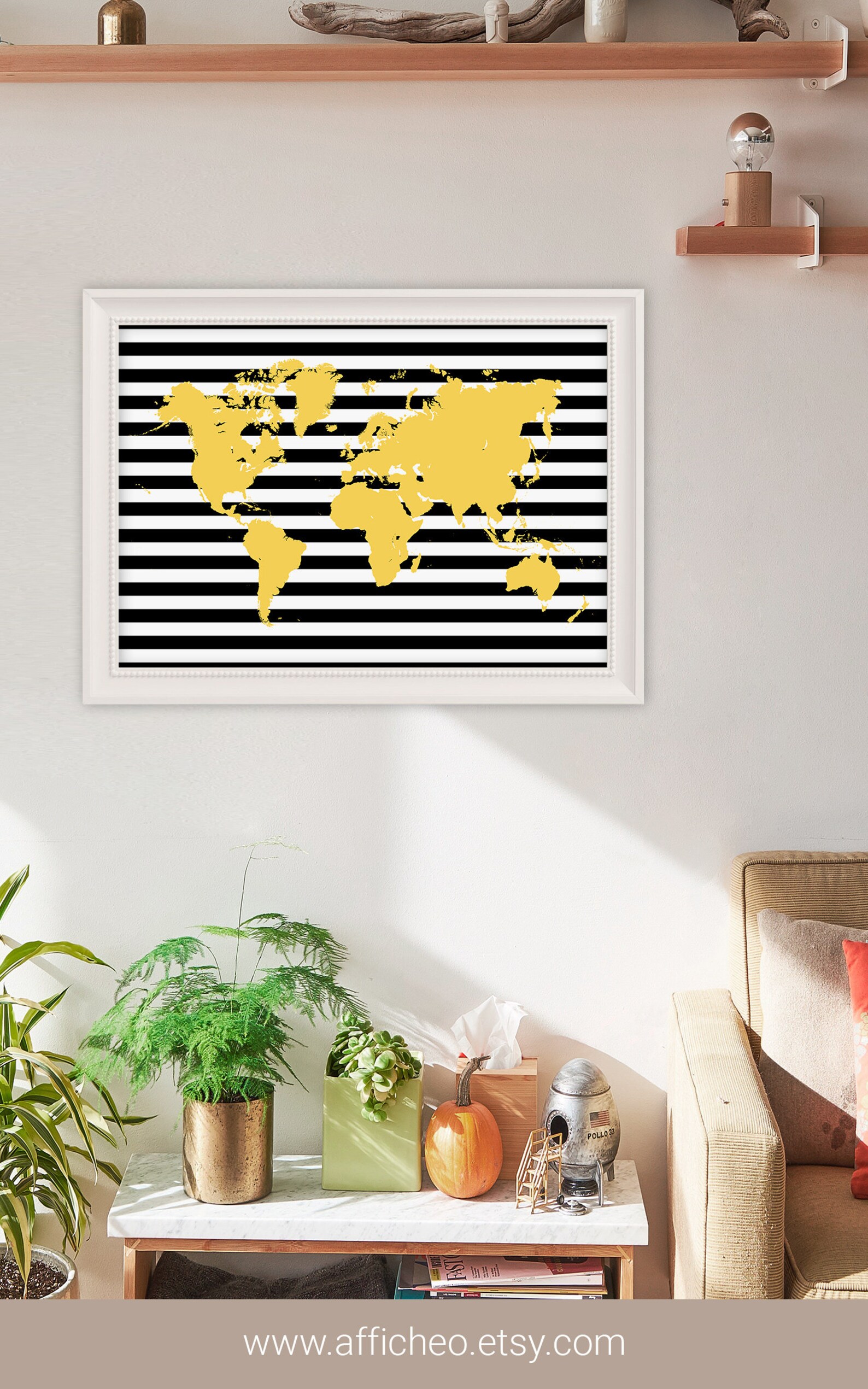 Yellow World Map With Black and White Stripes Original and | Etsy