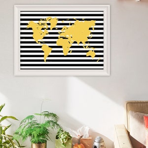 Yellow World Map With Black and White Stripes, Original and Graphic ...