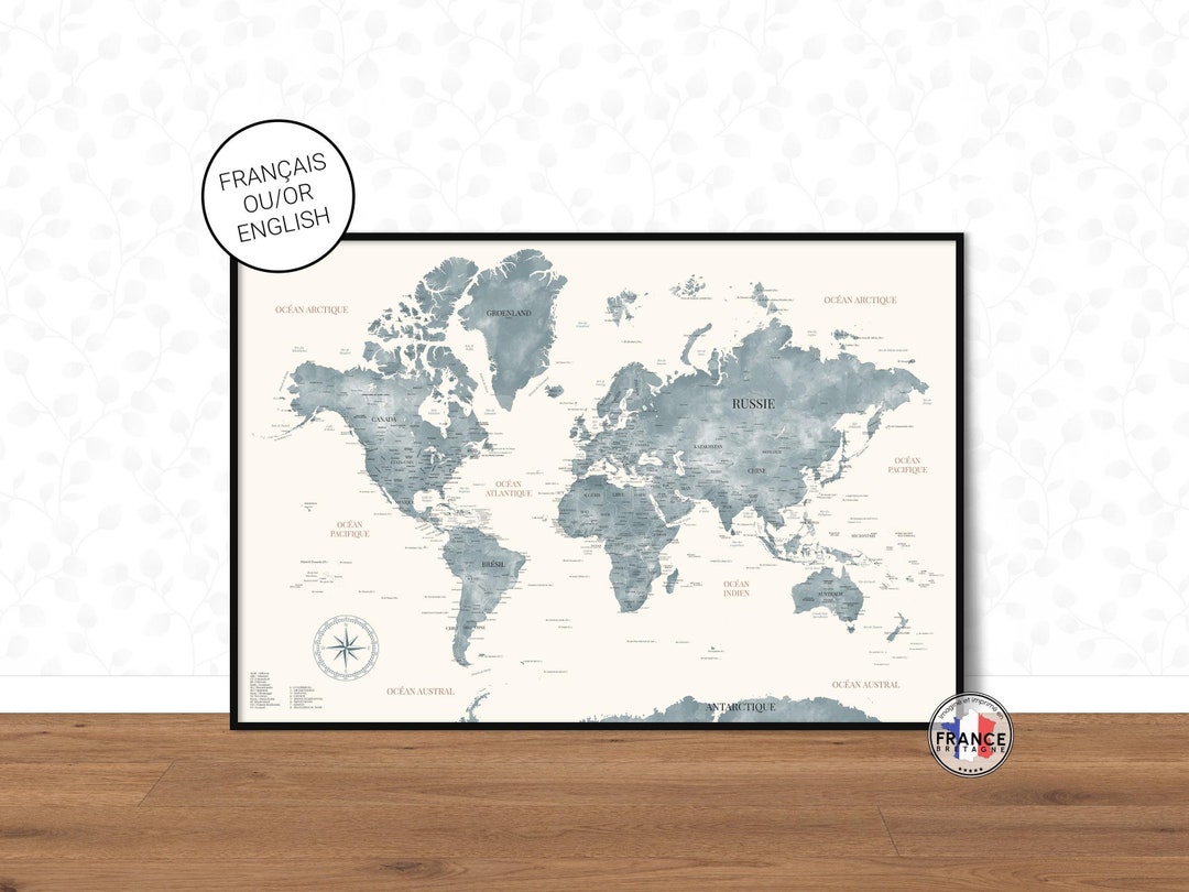 Watercolor World Map, Pastel Blue World Map, Detailed Artistic World ...