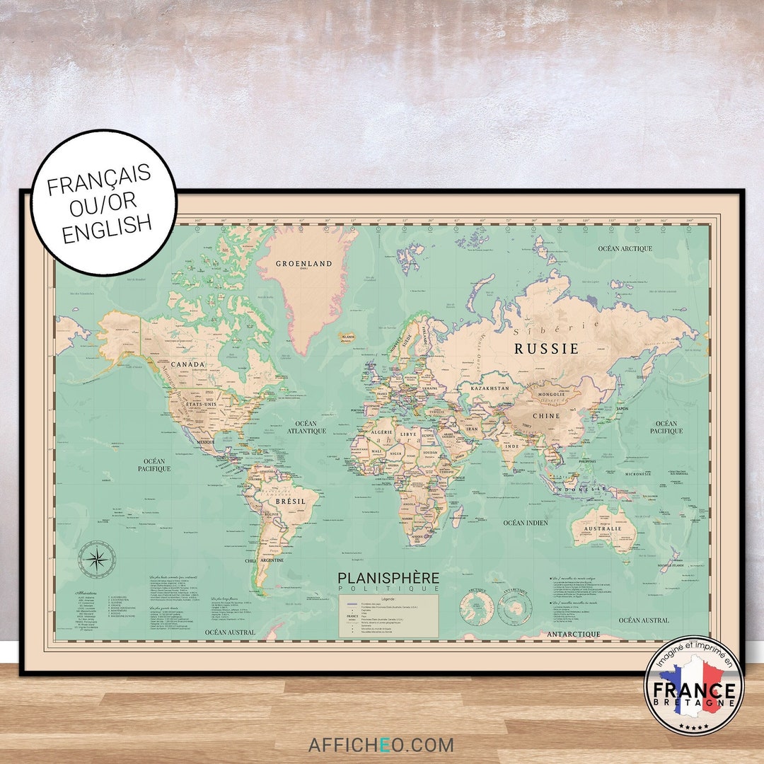 Political World Map, Wall World Map, Decorative Planisphere, in French ...