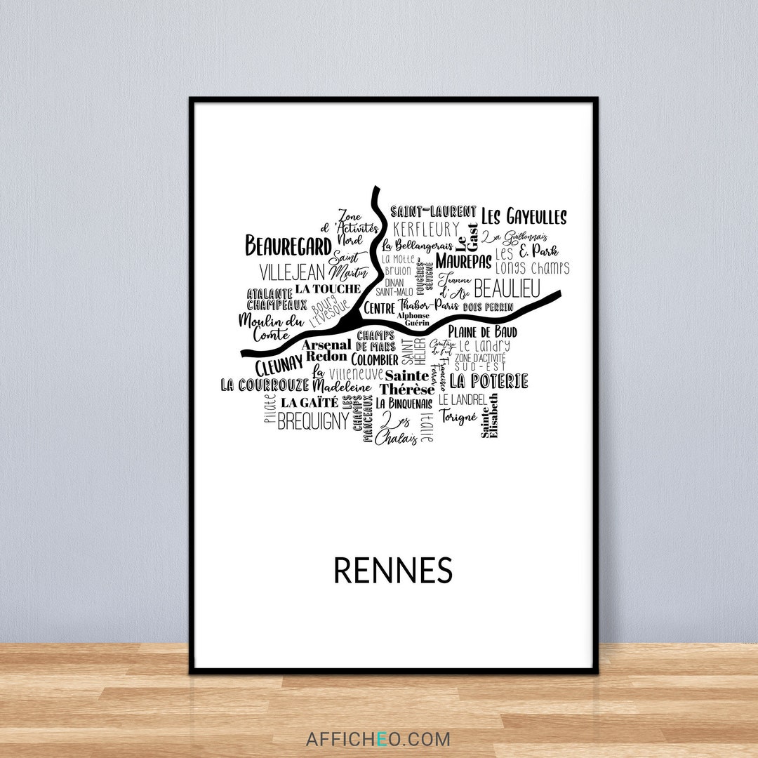 Affiche Rennes noir et blanc avec tous les noms des quartiers - Etsy France
