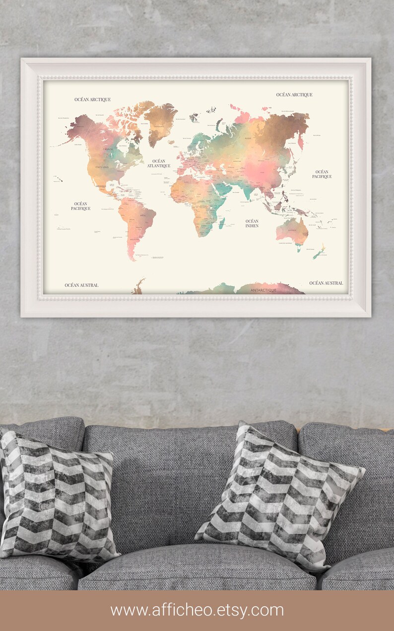 Planisphère en français avec les frontières des pays et leurs - Etsy France