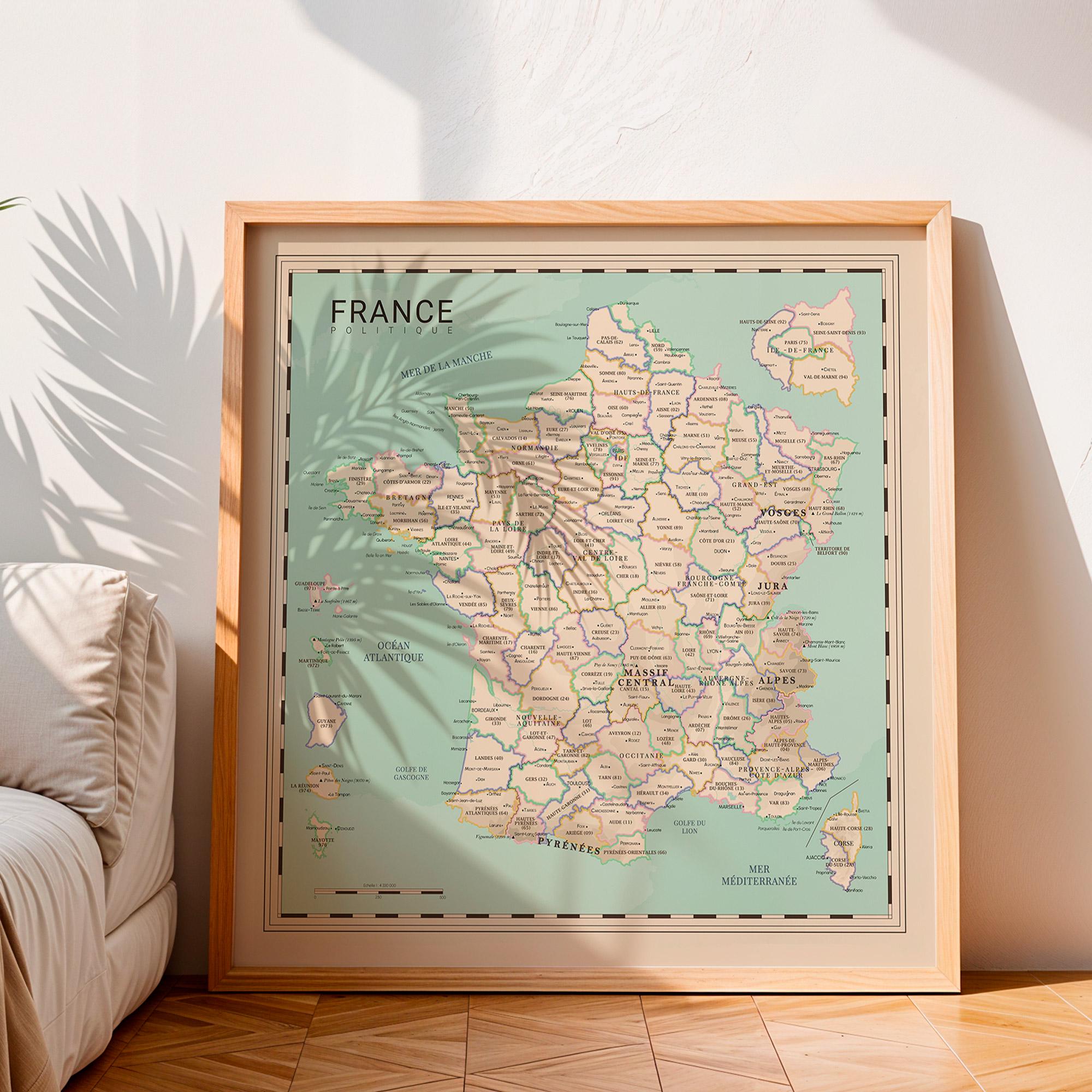 Map of France, Colorful France Map, Detailed Decorative Poster ...
