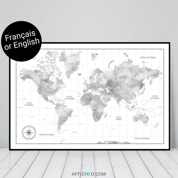 Grayscale World Map - Etsy
