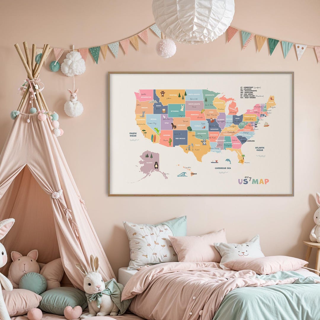 Colorful USA Map – Educational Poster for Kids – USA States Map ...