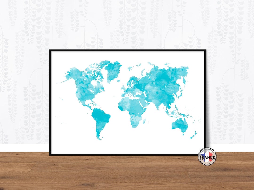 Turquoise Blue Watercolor World Map, Minimalist World Map, Nursery Wall ...
