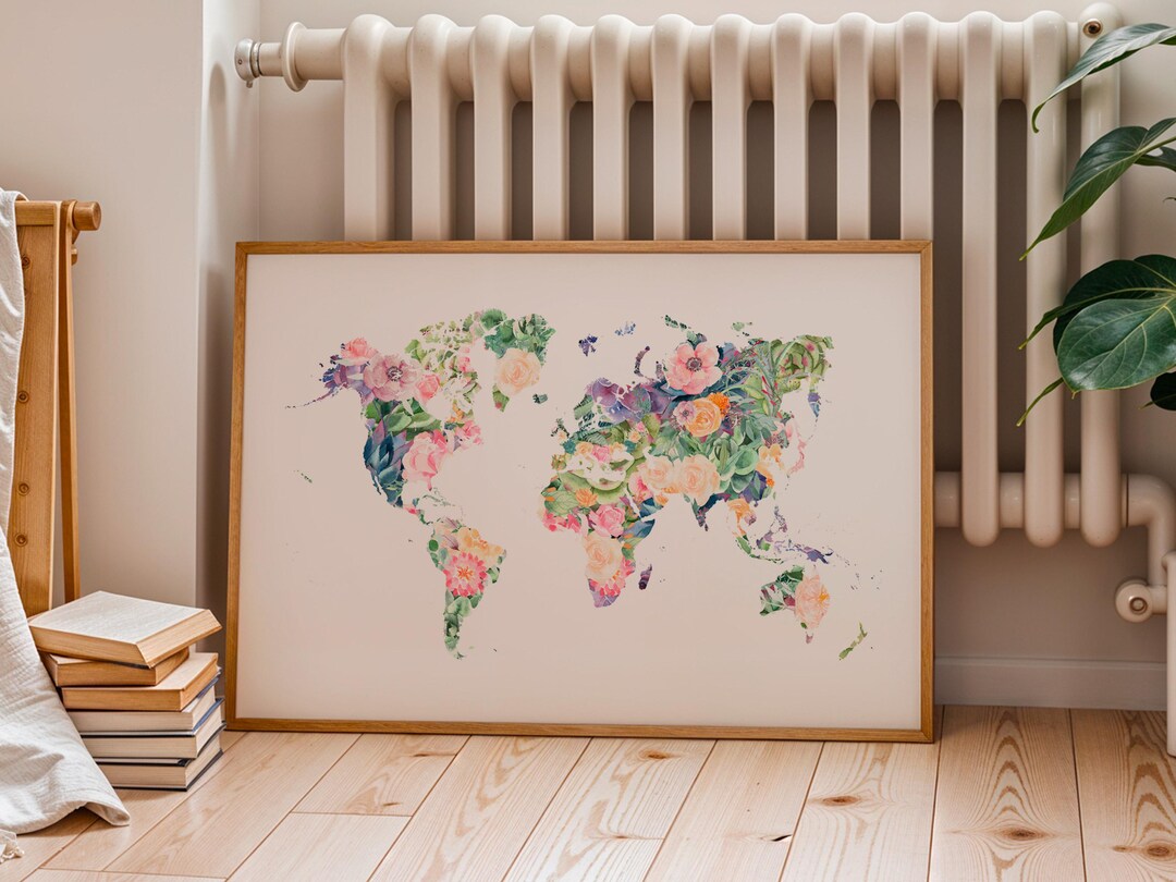 Printable World Map, Floral Wall Map, Downloadable Poster, Decorative ...