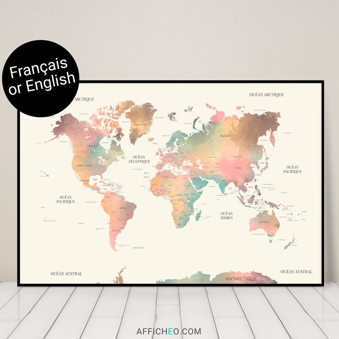 Planisphère en français avec les frontières des pays et leurs capitales ...