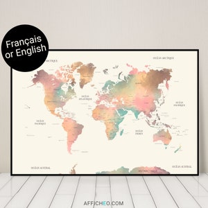 Planisphere in French With the Borders of Countries and Their Capitals ...