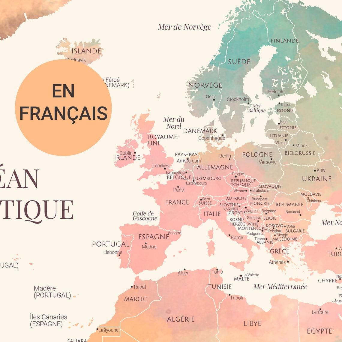 Planisphère en français avec les frontières des pays et leurs - Etsy France