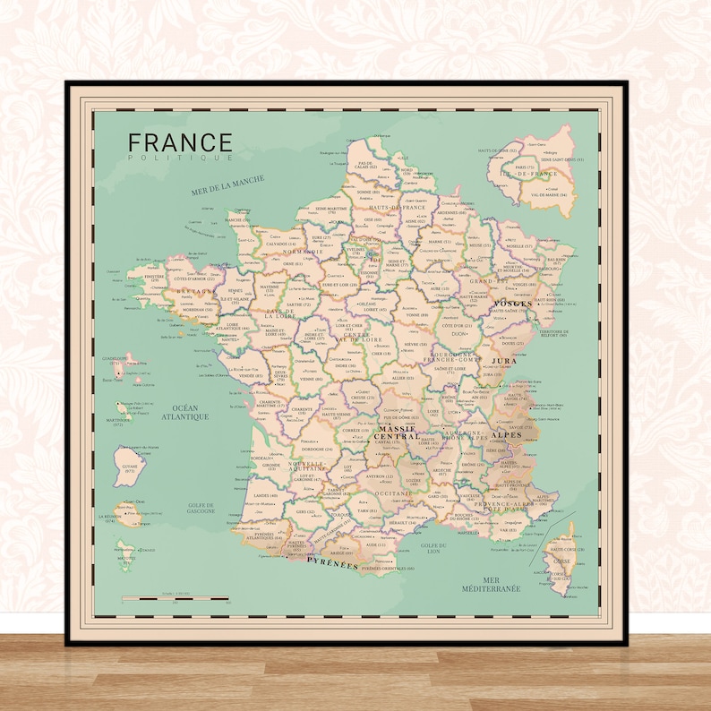 Map of France, Colorful France Map, Detailed Decorative Poster ...