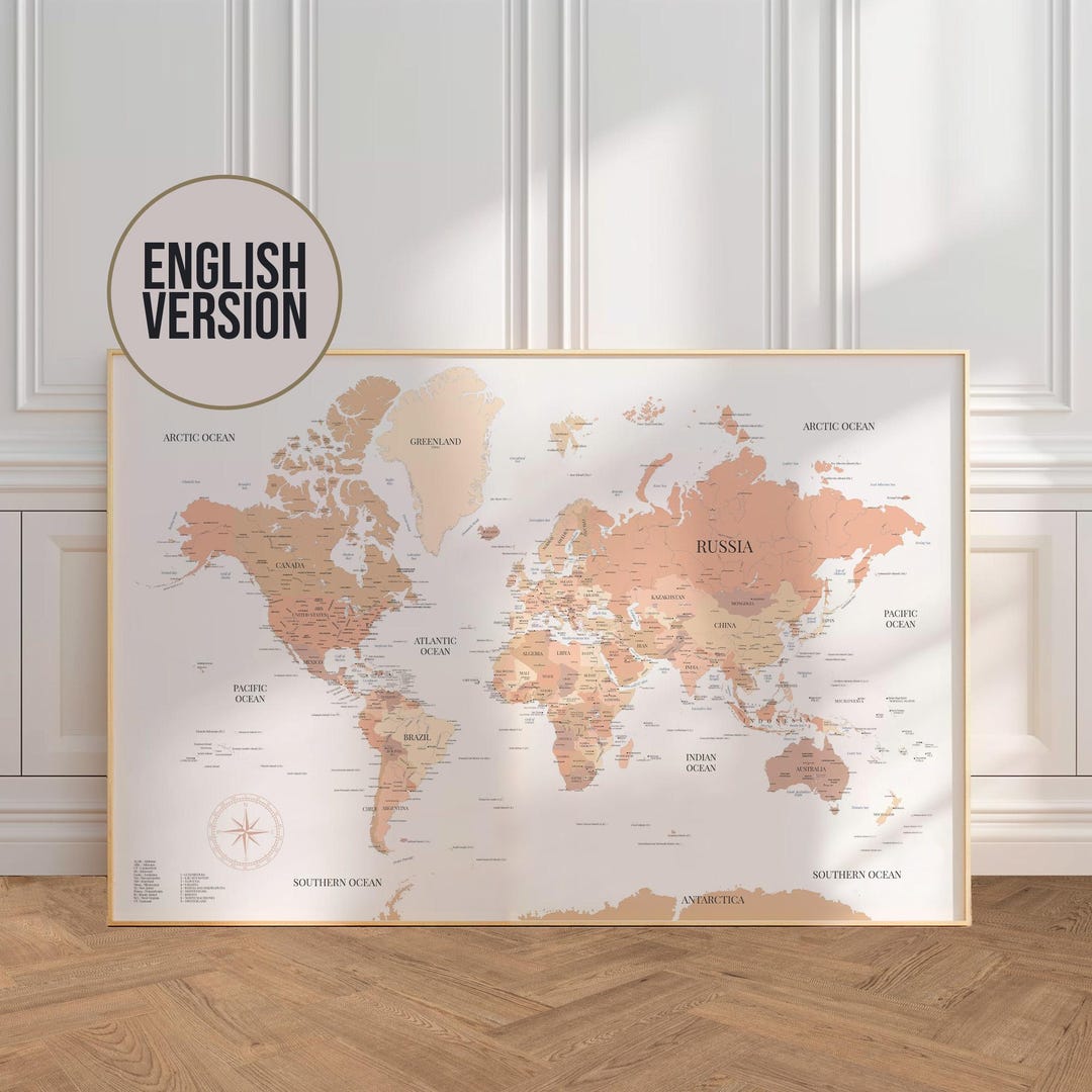 Modern World Map Print – Detailed French Planisphere in Soft Peach ...