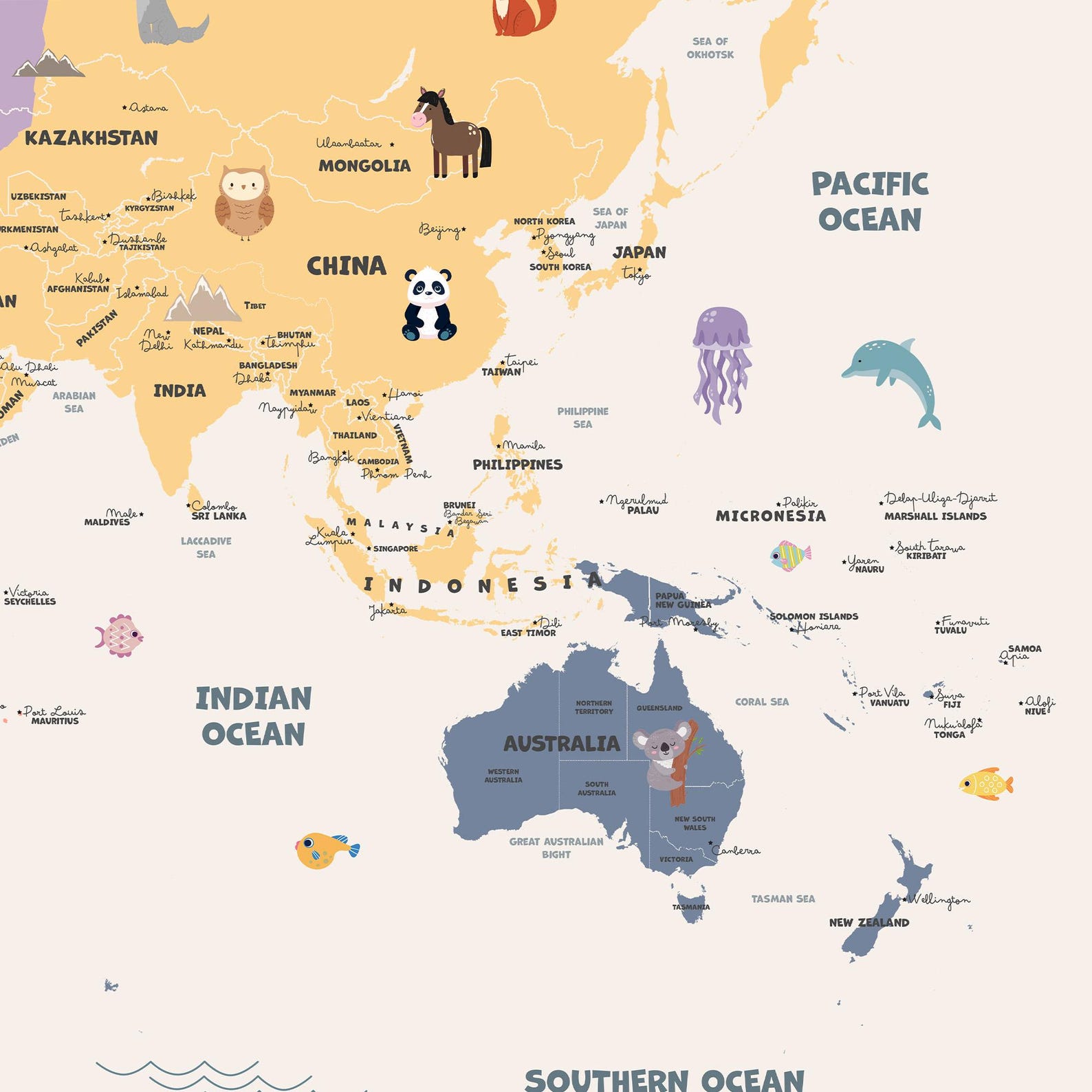 Kids World Map – Educational Map With Animals – Fun and Playful Wall ...