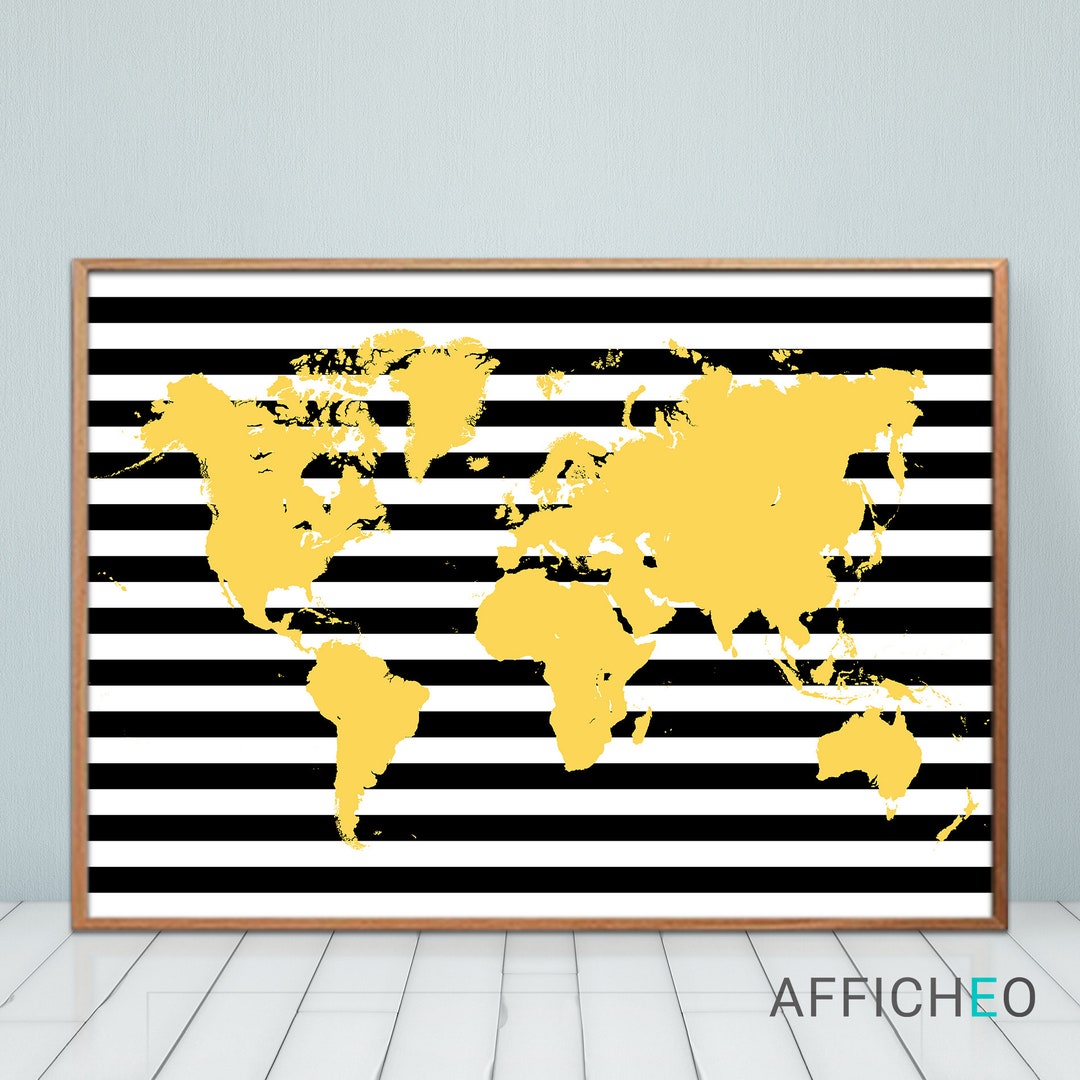 Yellow World Map With Black and White Stripes, Original and Graphic ...