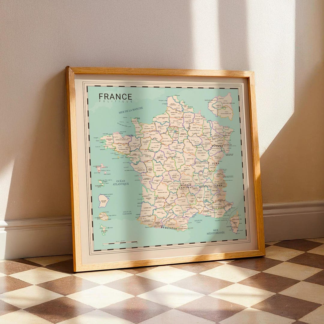Map of France, Colorful France Map, Detailed Decorative Poster ...