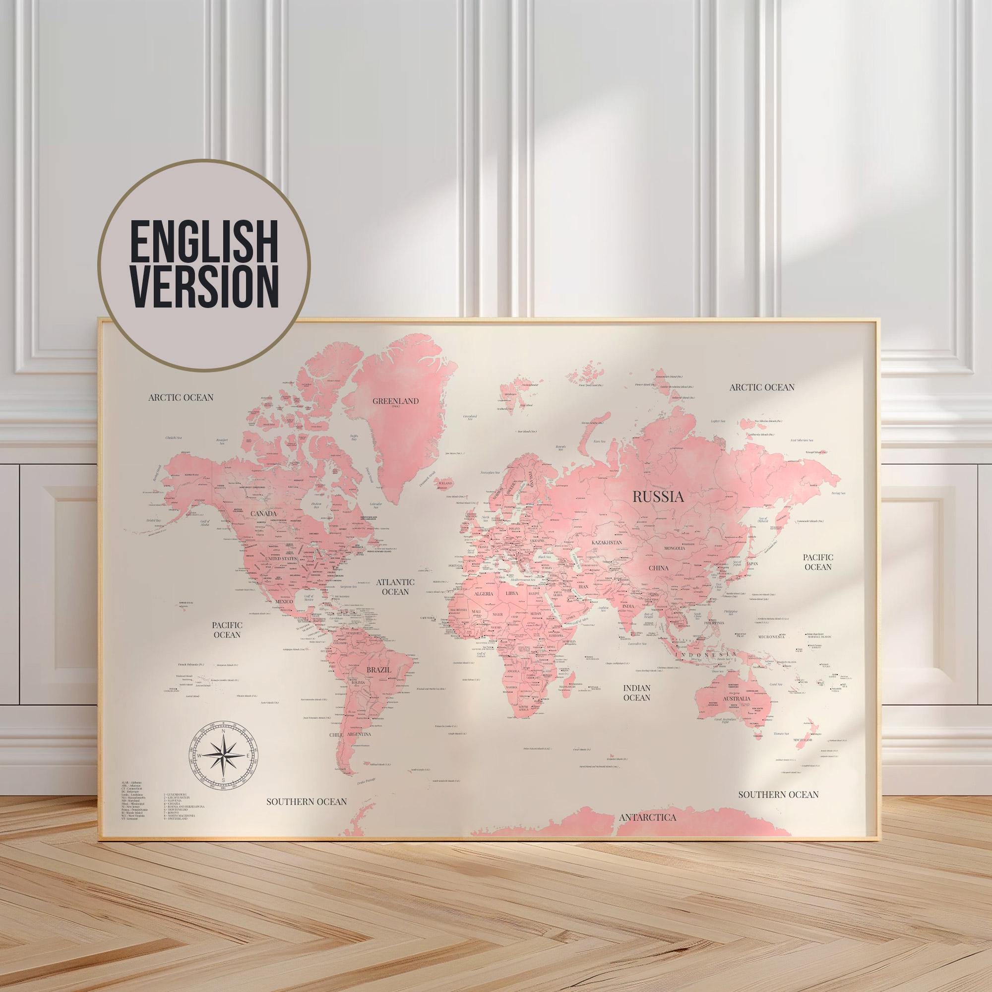 Pink World Map for Girls’ Room – Detailed Pink-toned Wall Art With ...