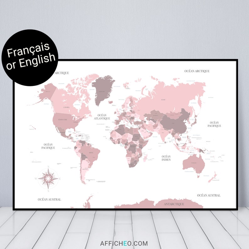 Pink World Map With the Names of Countries and Their Capitals | Etsy