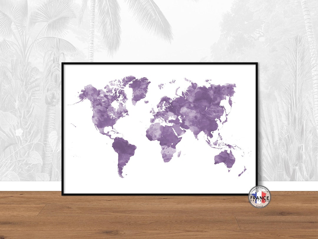 Watercolor World Map, Purple and Mauve Tones, Colorful Wall Art ...