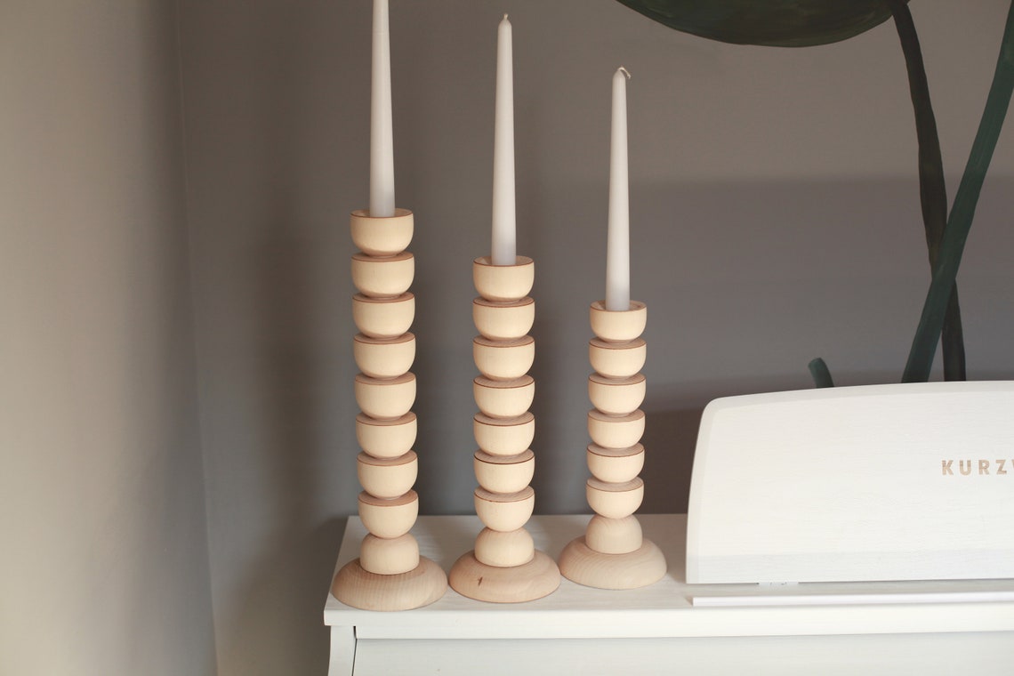 Wooden Set of 3 Candlesticks Scandinavian Style Primitive - Etsy