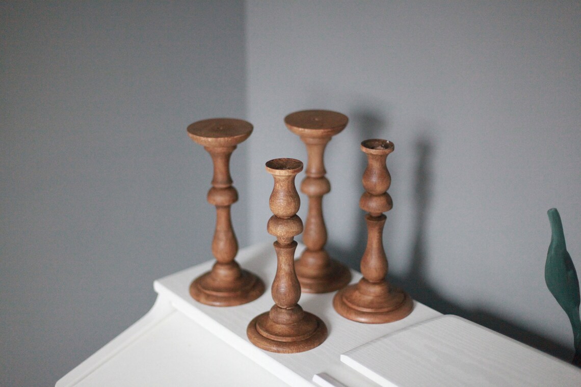 Wooden set of 4 candlesticks wood rustic decor carving wood | Etsy